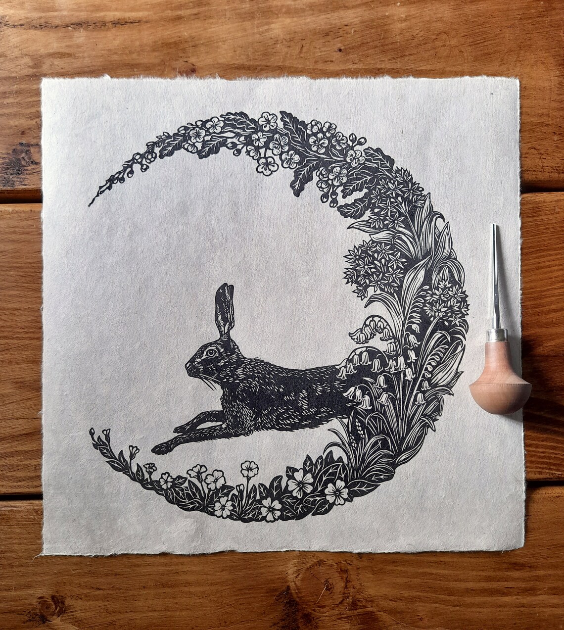 Hare Moon Botanical Spring Limited Edition Linocut 12X12 | Etsy