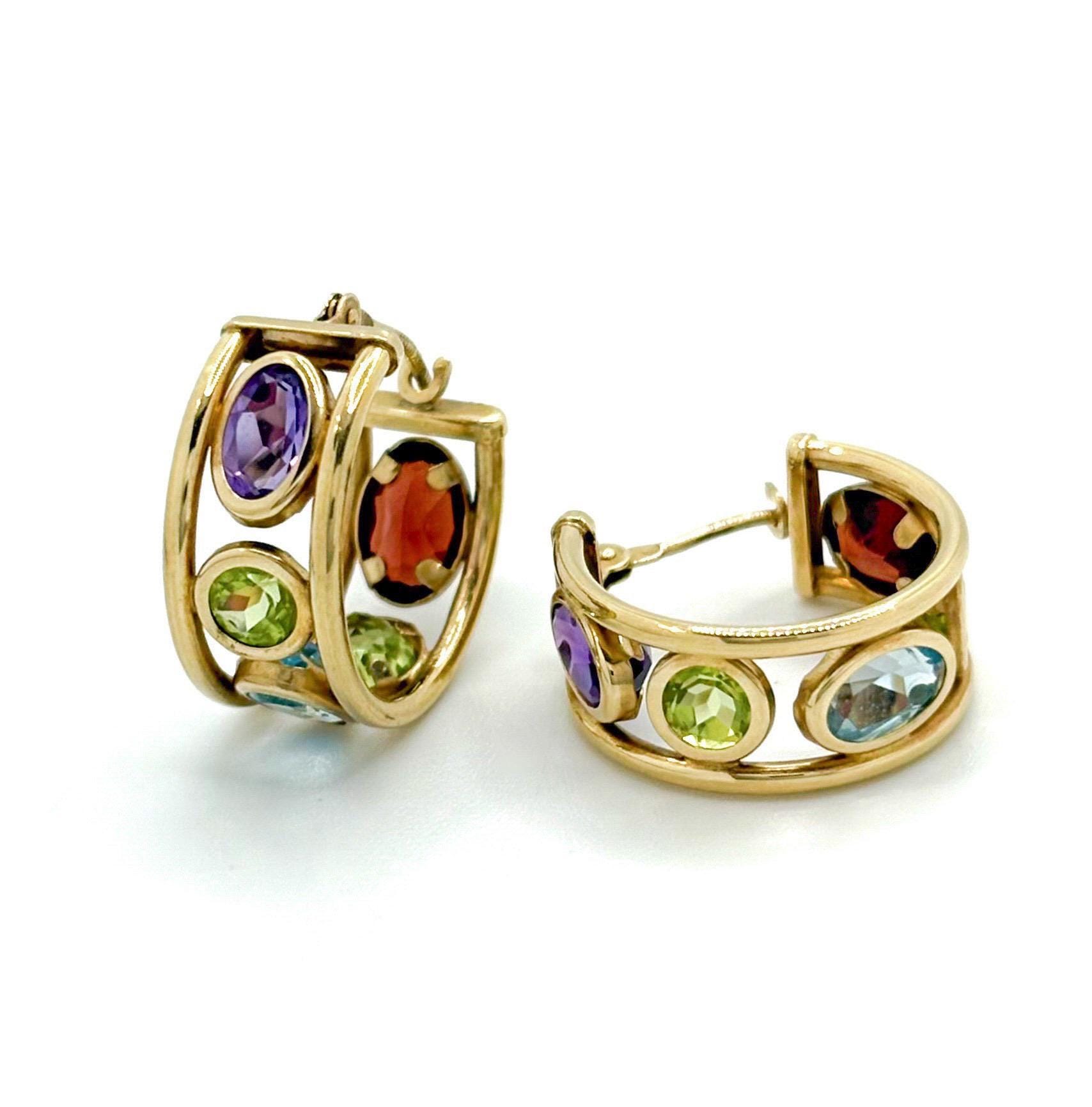 14K Gold Multi Stone Hoop Earrings / Solid Gold Jewelry - Etsy
