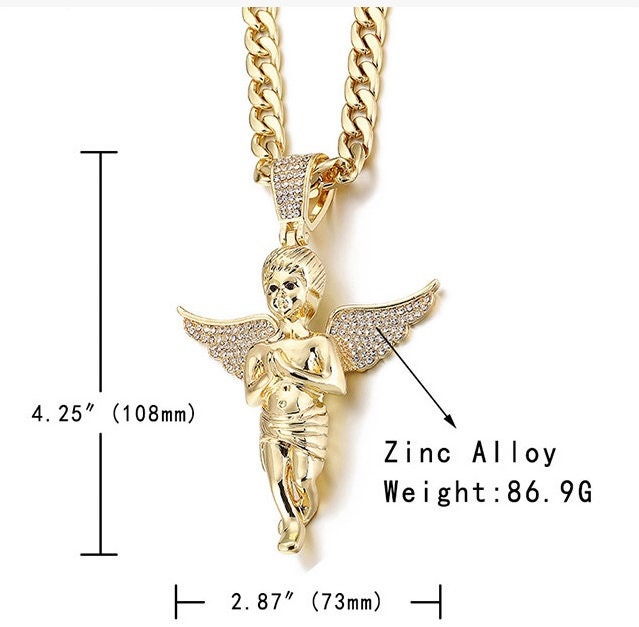 Large Praying Wings Angel Pendant Iced Out Necklace With Cuban Link ...