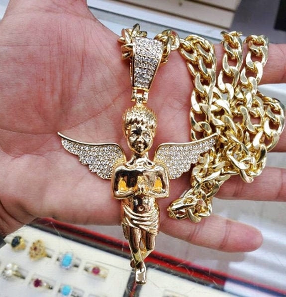 Large Praying Wings Angel Pendant Iced Out Necklace With Cuban Link ...