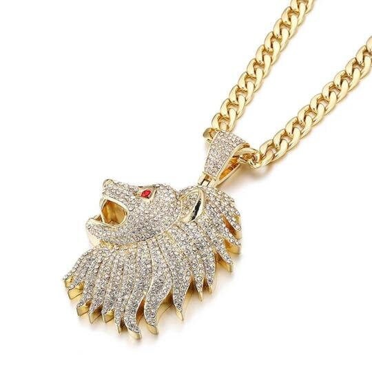 Large Lion Head Iced Out Pendant Necklace With Cuban Link Chain for Men ...