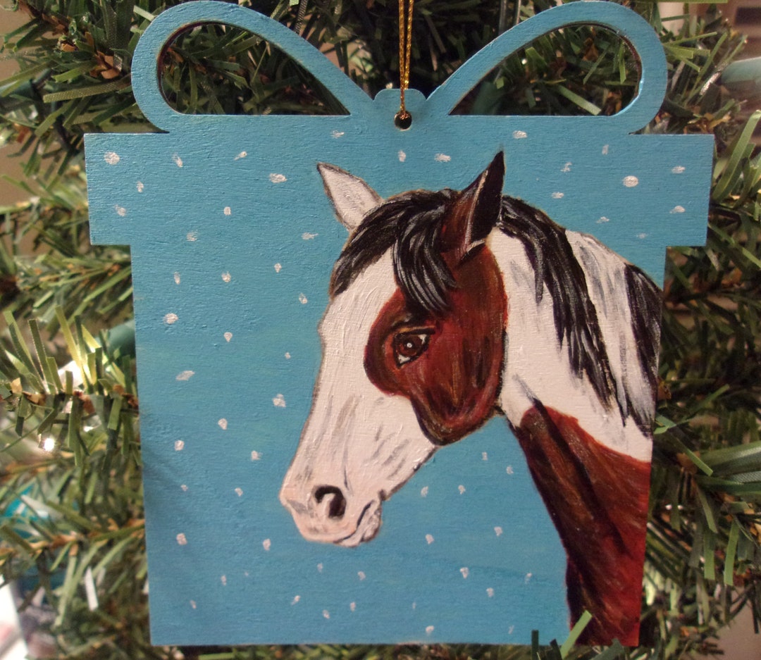 Hand Painted Pinto Paint Horse Present Shaped Wood Christmas Ornament ...