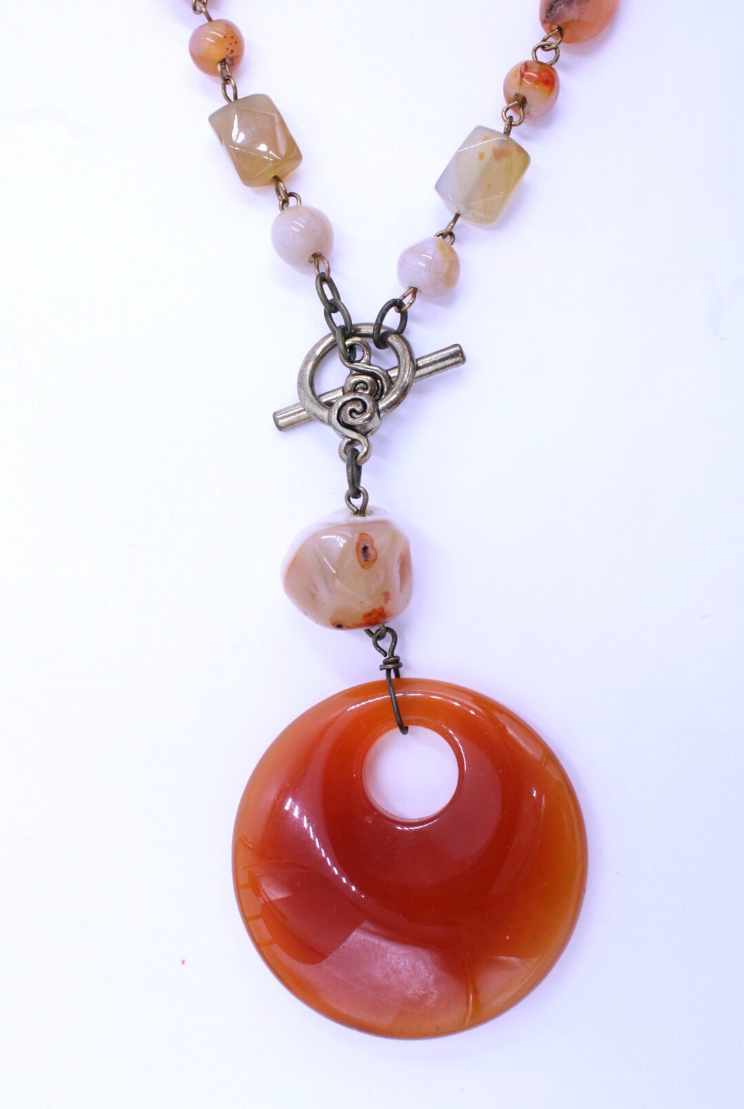 Large Carnelian Circle Pendant Necklace Earring Jewelry Set Bold Beaded ...