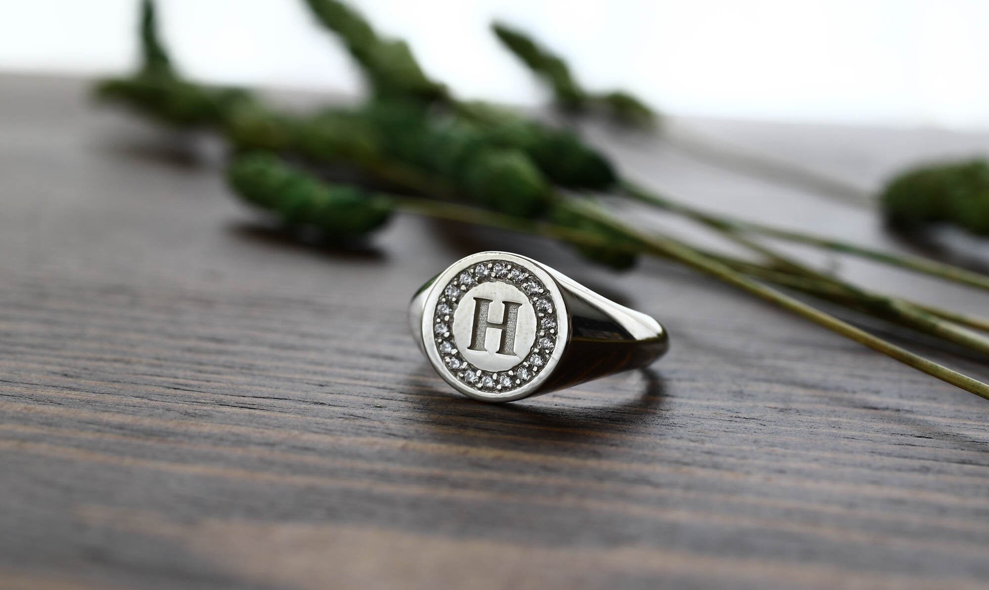 Diamond Initial Silver Signet Ring Initial Signet Ring | Etsy