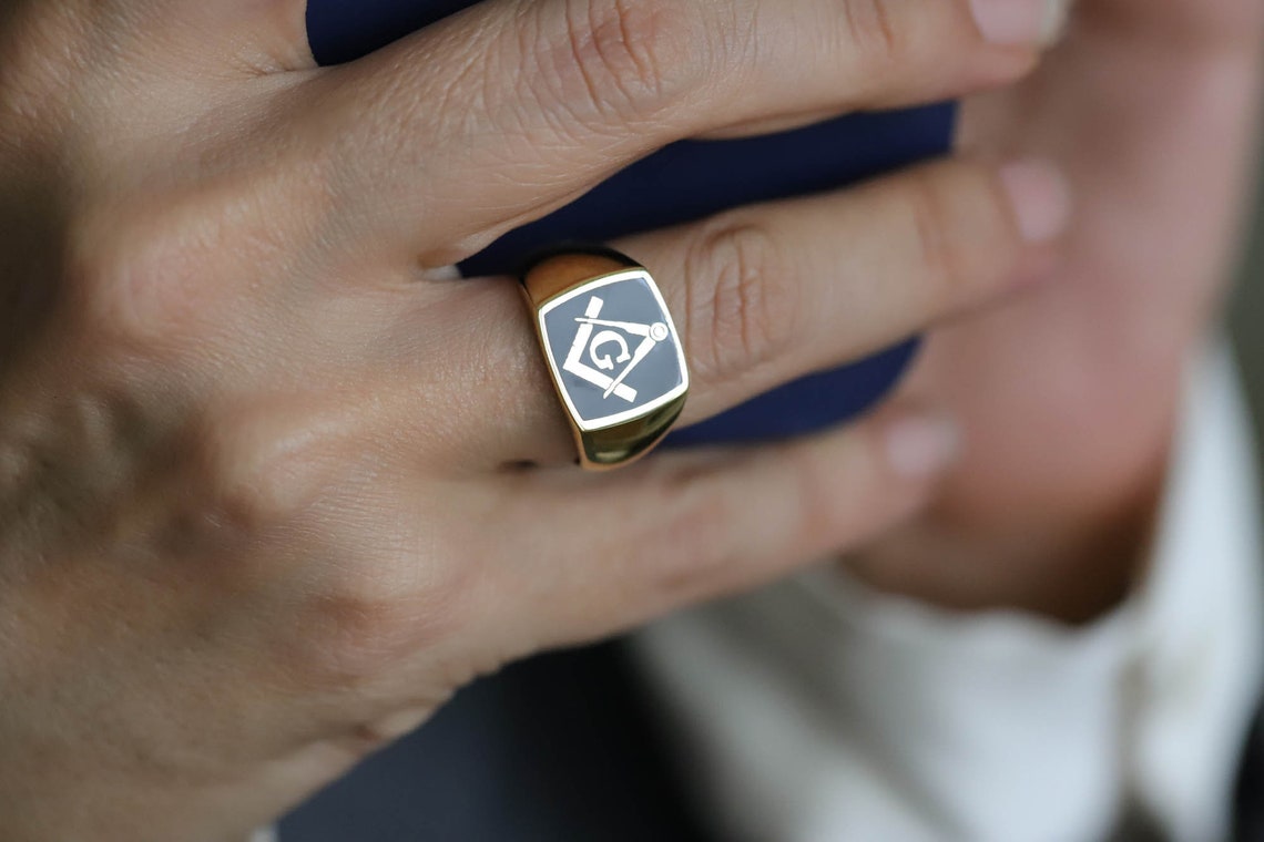 Gold Black Enamel Masonic Ring, Masonic Ring, Freemason Ring, Masonic ...