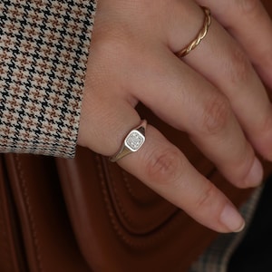 Square Diamond Paved Dainty Signet Ring, Minimalist Pinky Ring for ...