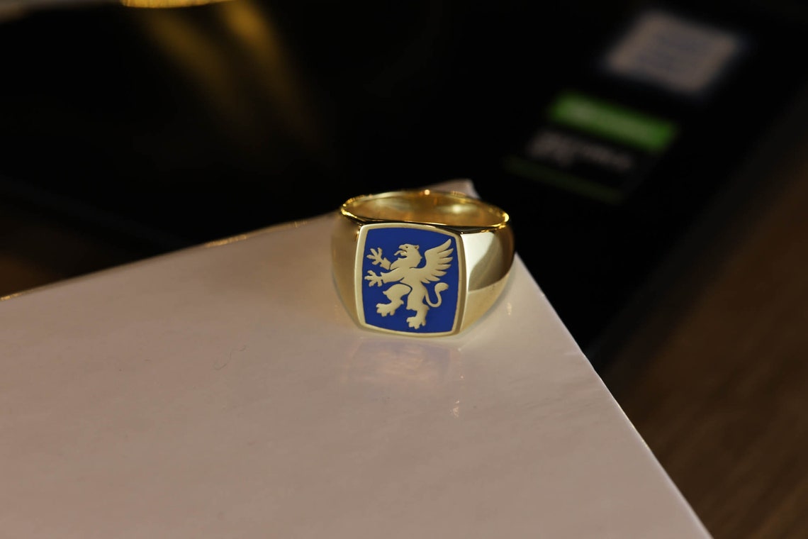 Blue Enamel Gold Griffin Signet Ring, Cushion Signet Ring, Gold Signet ...