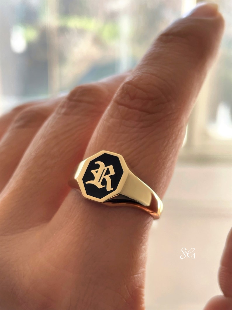 Gold Black Enamel Initial Ring Initial Signet Ring Initial - Etsy