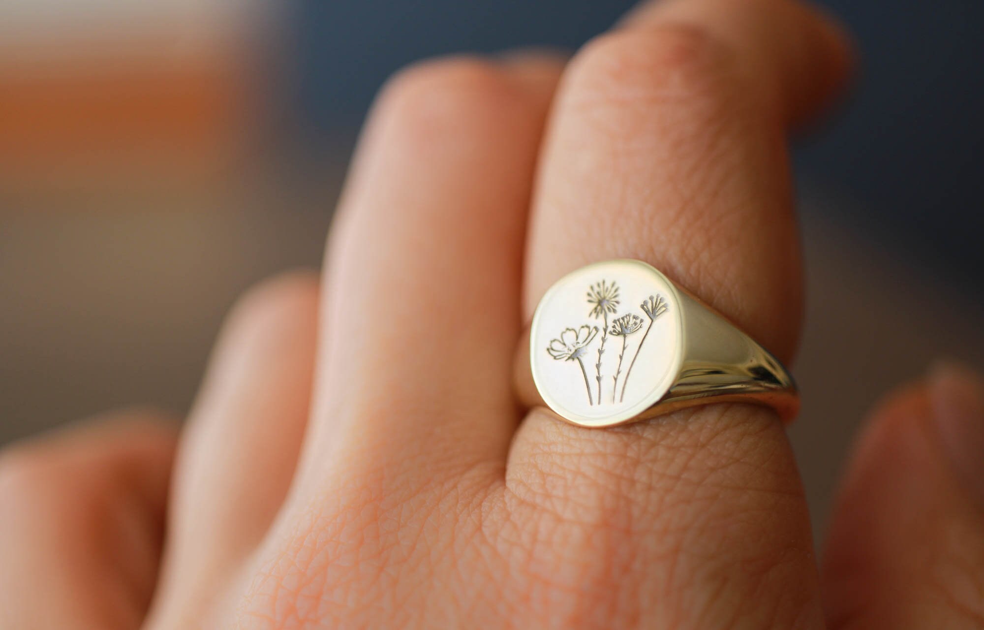 Flower Ring Gold Wildflower Signet Ring Floral Ring | Etsy
