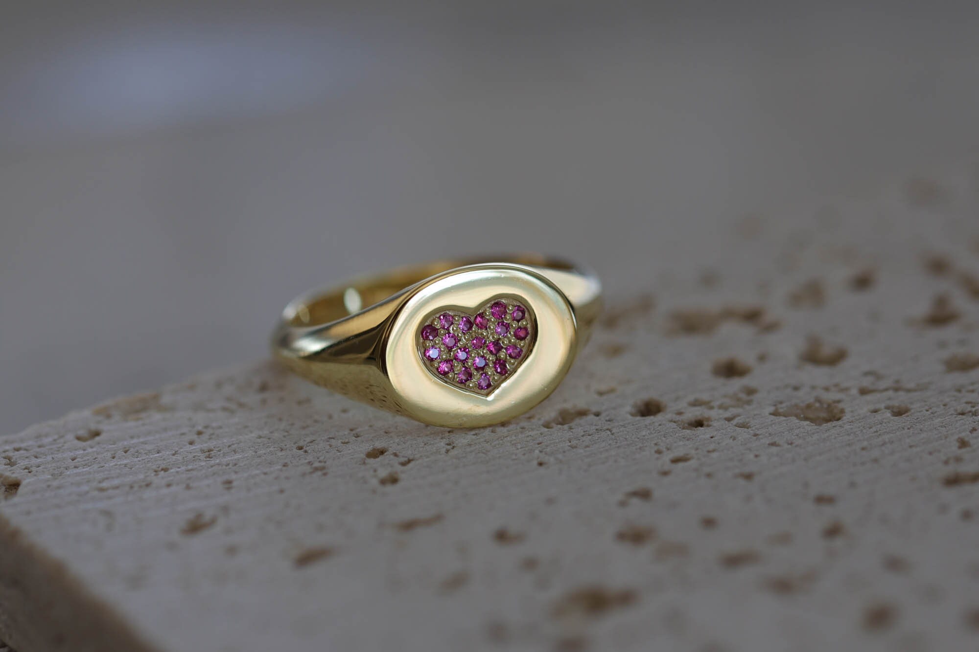 10k 14k Gold Diamond Paved Heart Signet Ring, Gold Heart Signet Ring ...