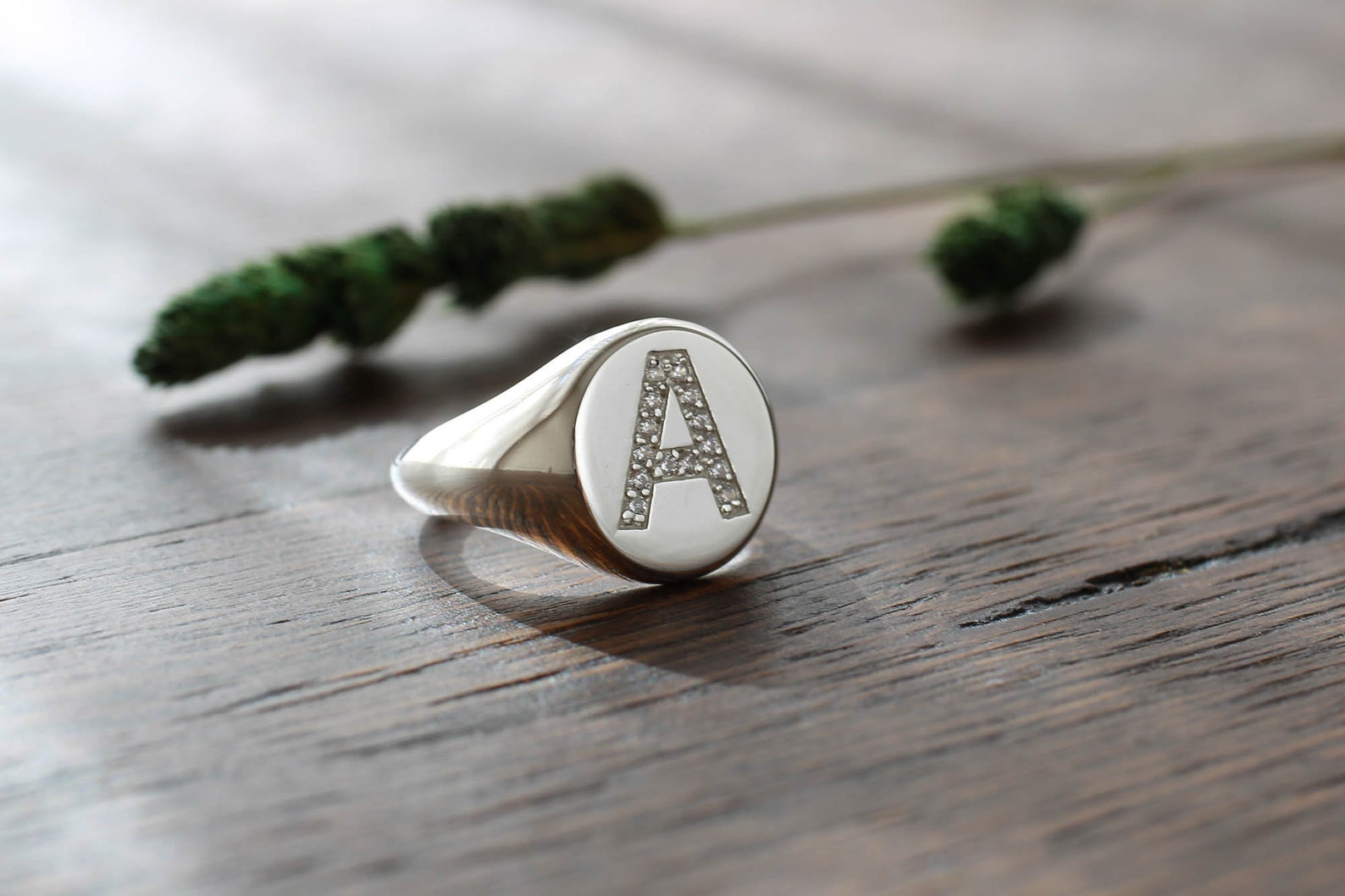 Diamond Initial Engraved Signet Ring Silver Signet Ring - Etsy