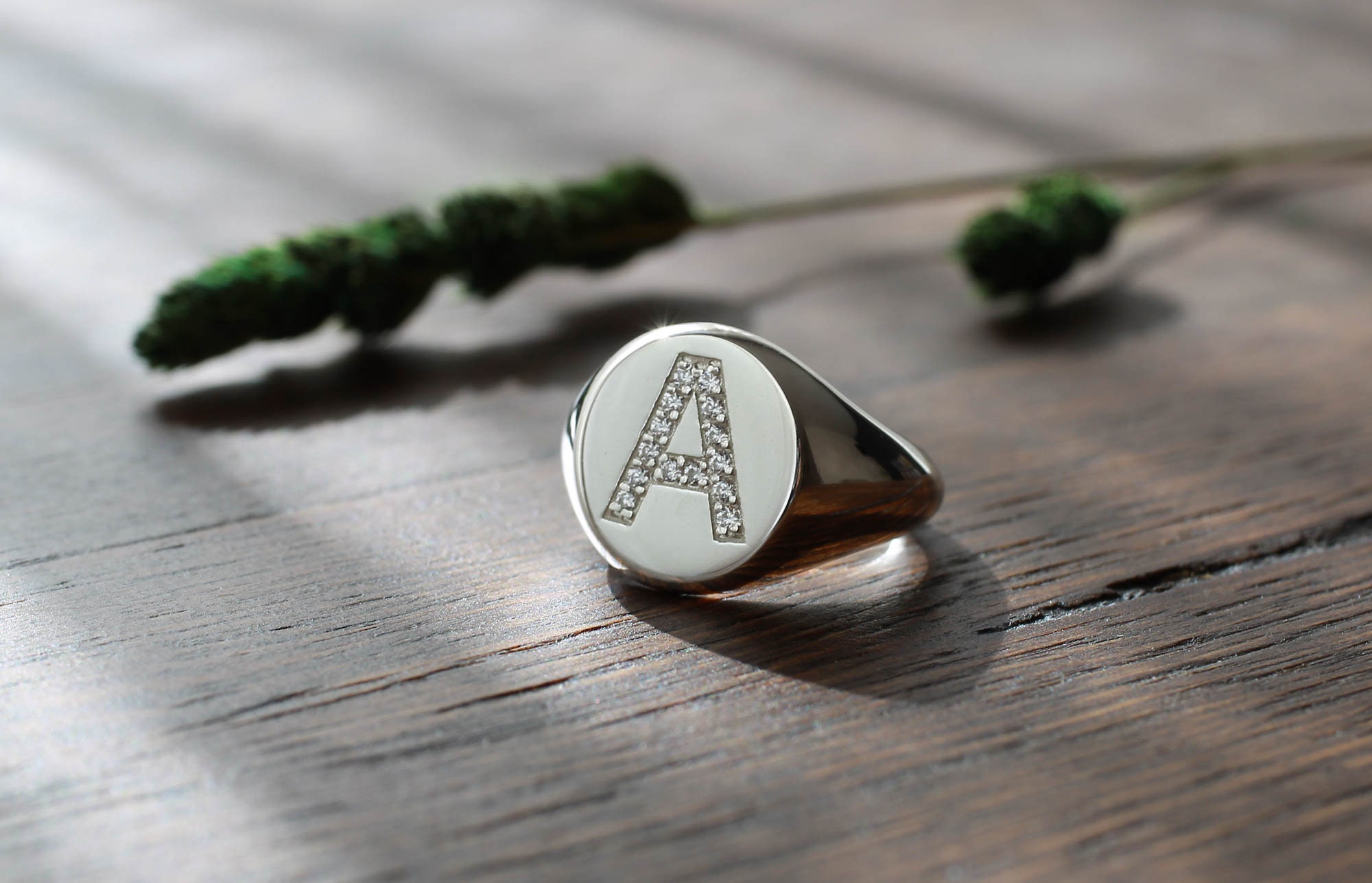 Silver Diamond Initial Signet Ring, Diamond Initial Ring, Diamond ...
