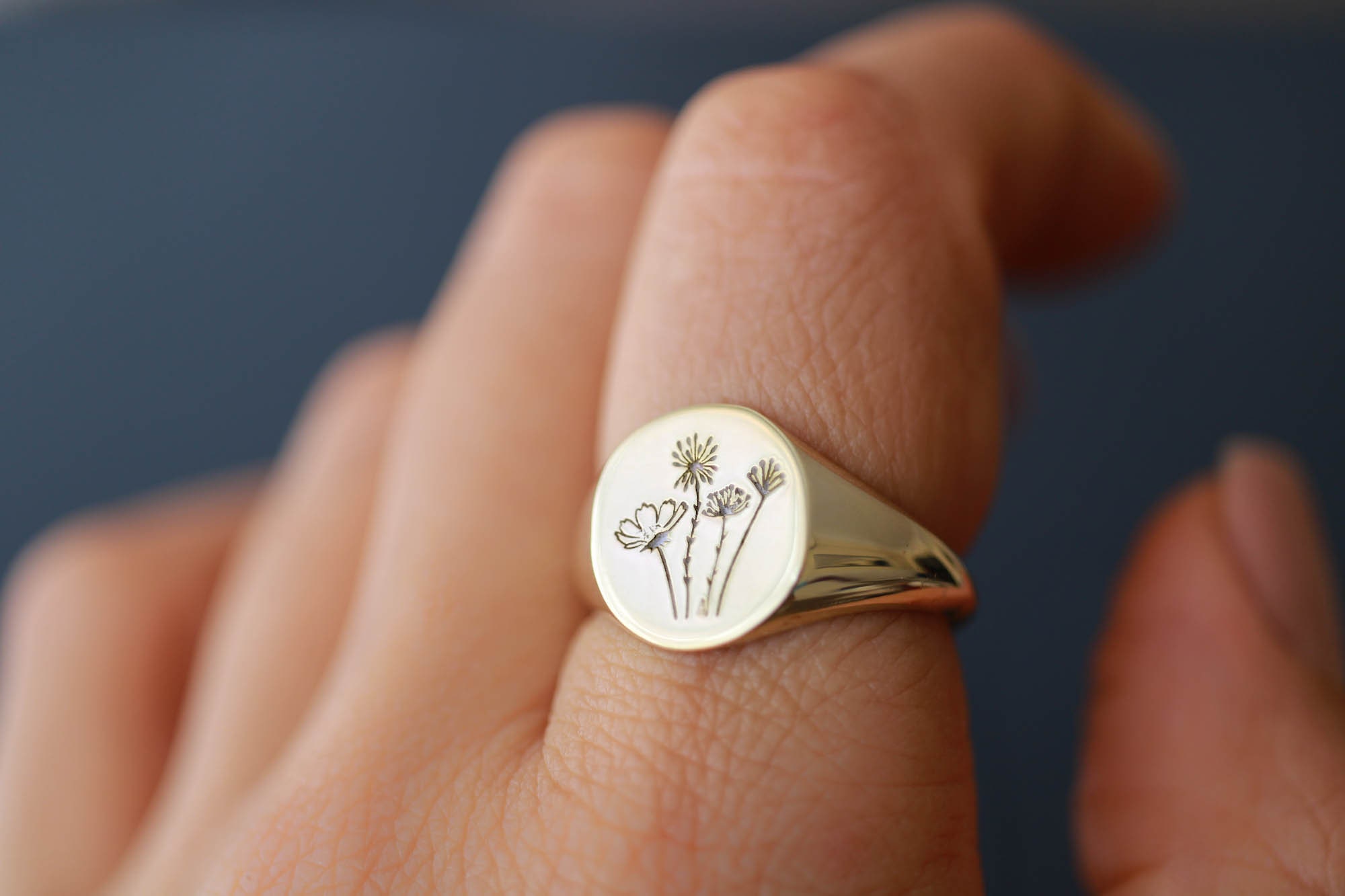 Flower Ring Gold Wildflower Signet Ring Floral Ring | Etsy