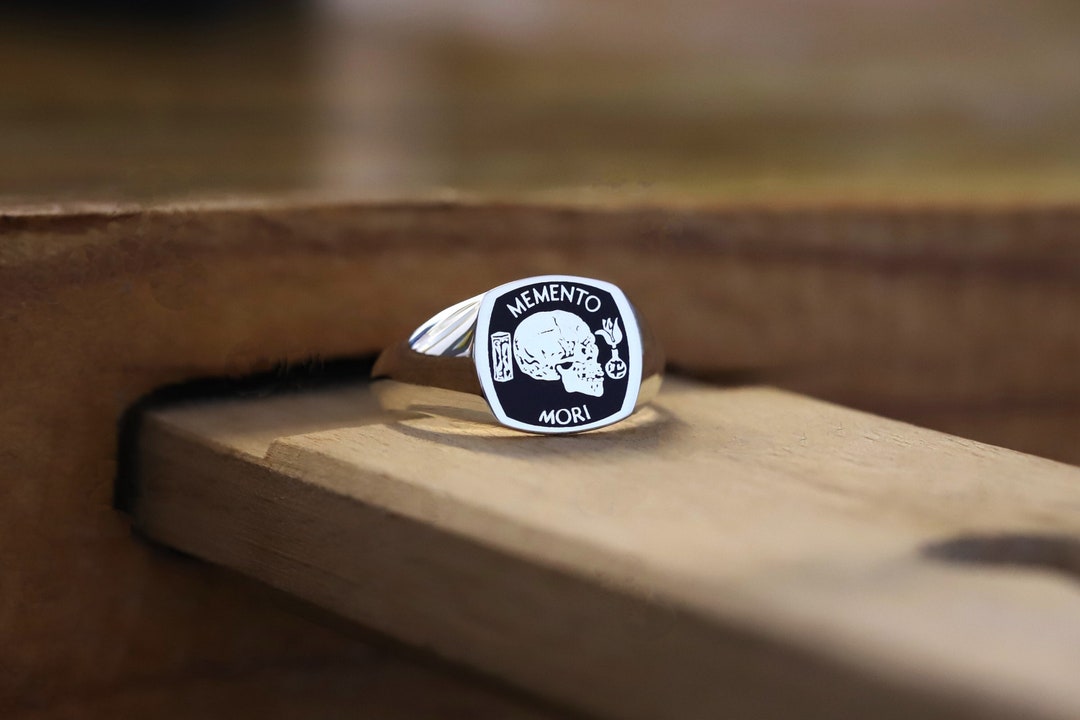 Silver Memento Mori Signet Ring With Black Enamel, Ring Memento Mori ...