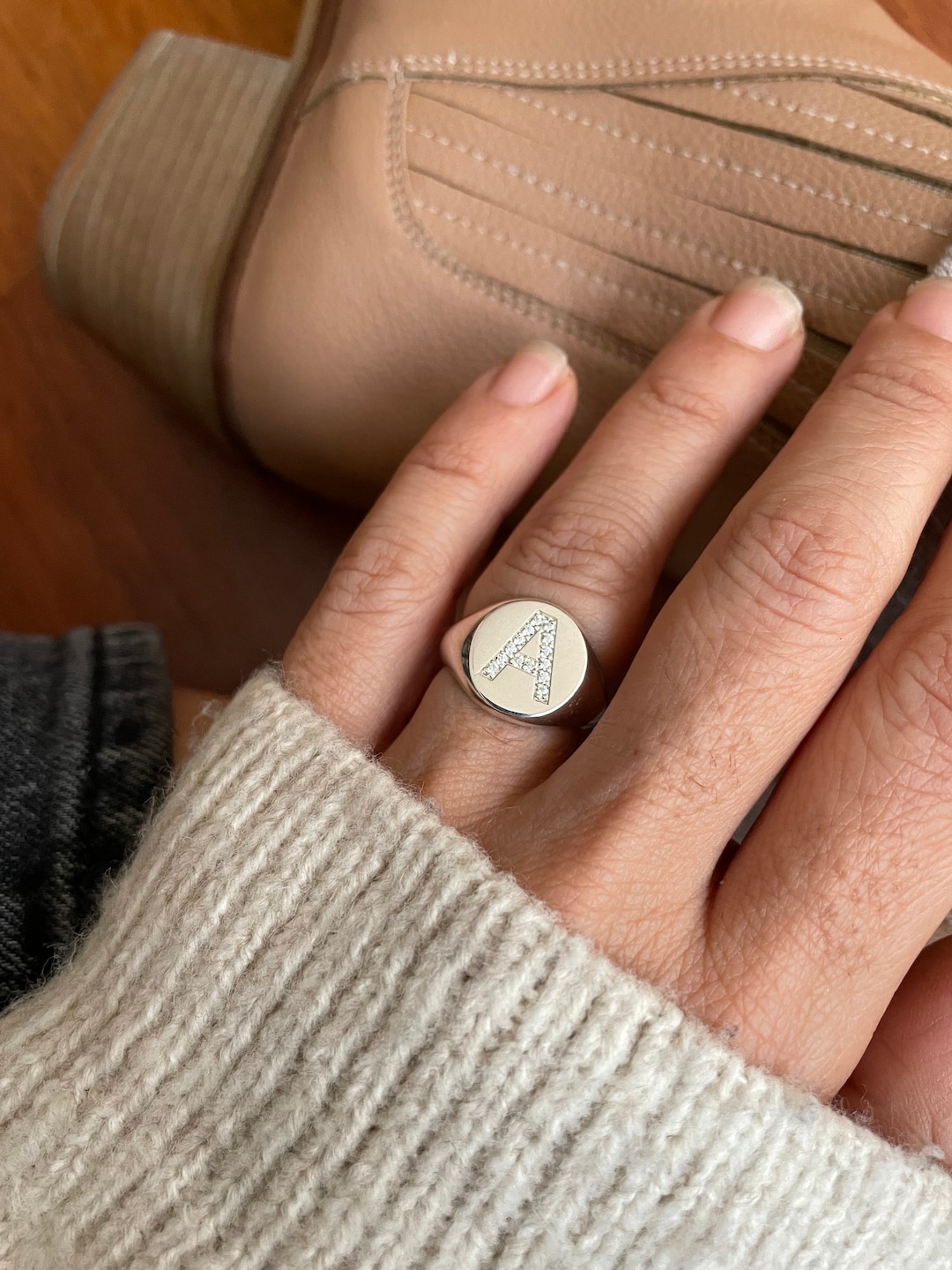 Silver Diamond Initial Signet Ring, Diamond Initial Ring, Diamond Letter Ring, Sterling Silver ...