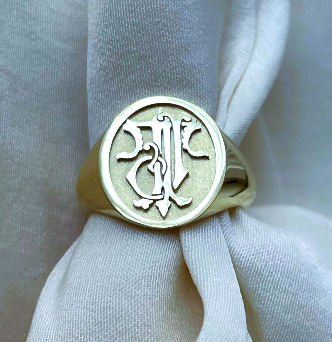 9ct Gold Custom Monogram Engraved Signet Ring, Gold Initial Engaved Signet Ring, Monogram Signet ...