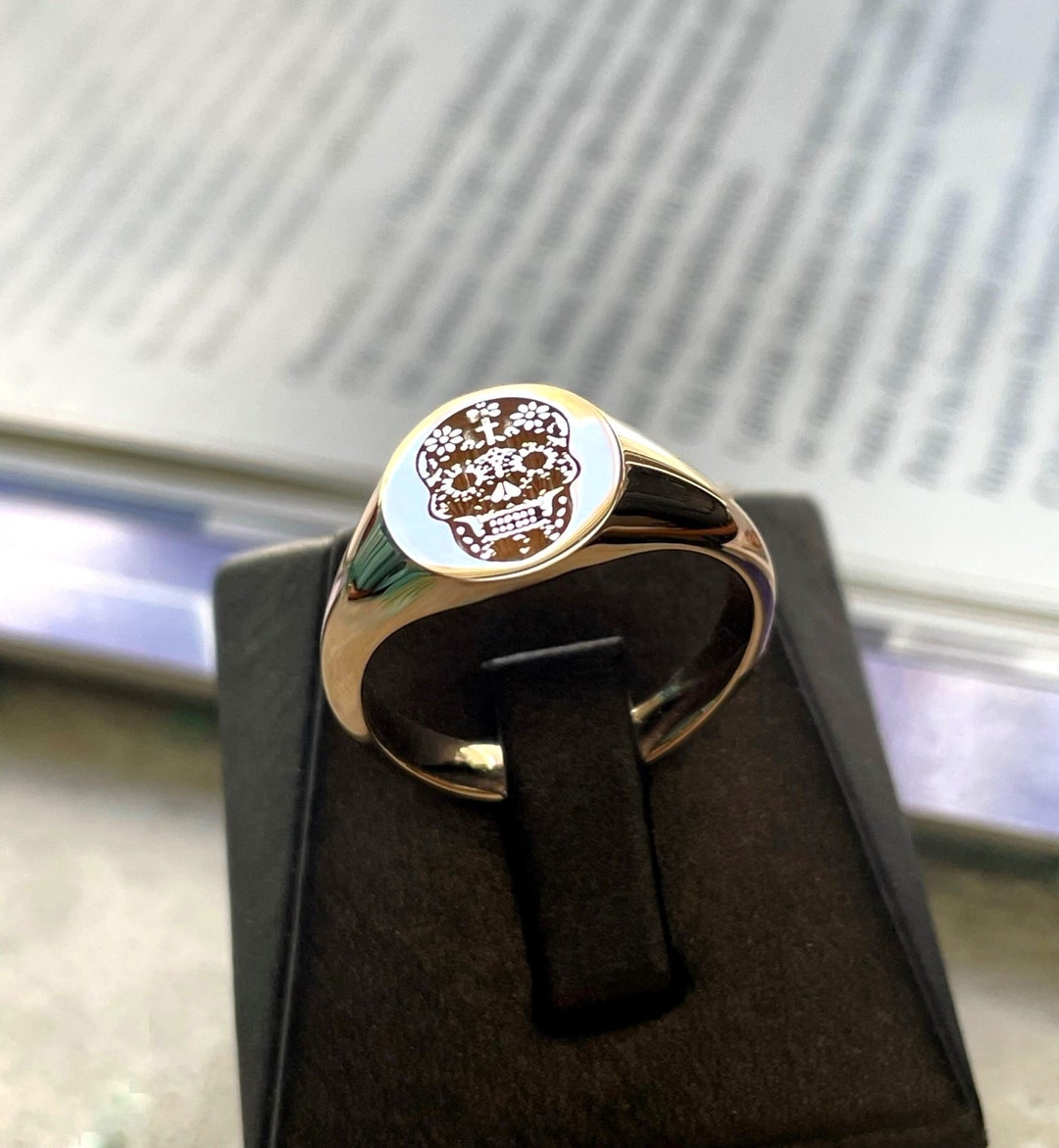 Solid Gold Sugar Skull Signet Ring, Mexican Skull Ring, Skull Signet ...