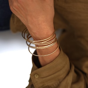 10k & 14k Gold Thin Stackable Bangles, Minimalist 10k 14k Gold Stackable Bangle Bracelets for ...