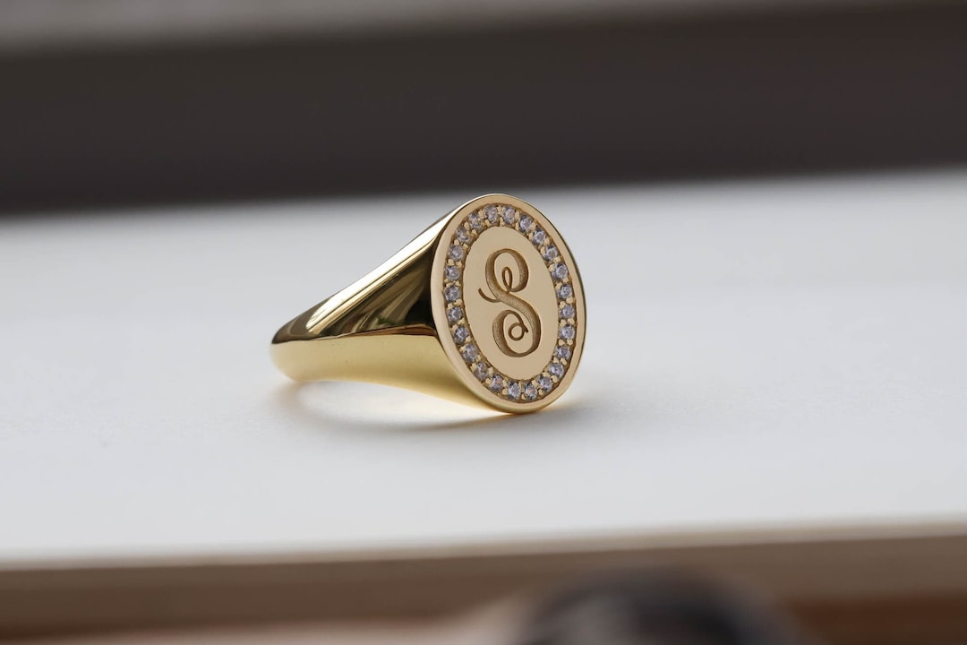 Diamond Initial Gold Signet Ring, Initial Signet Ring, Diamond Initial ...