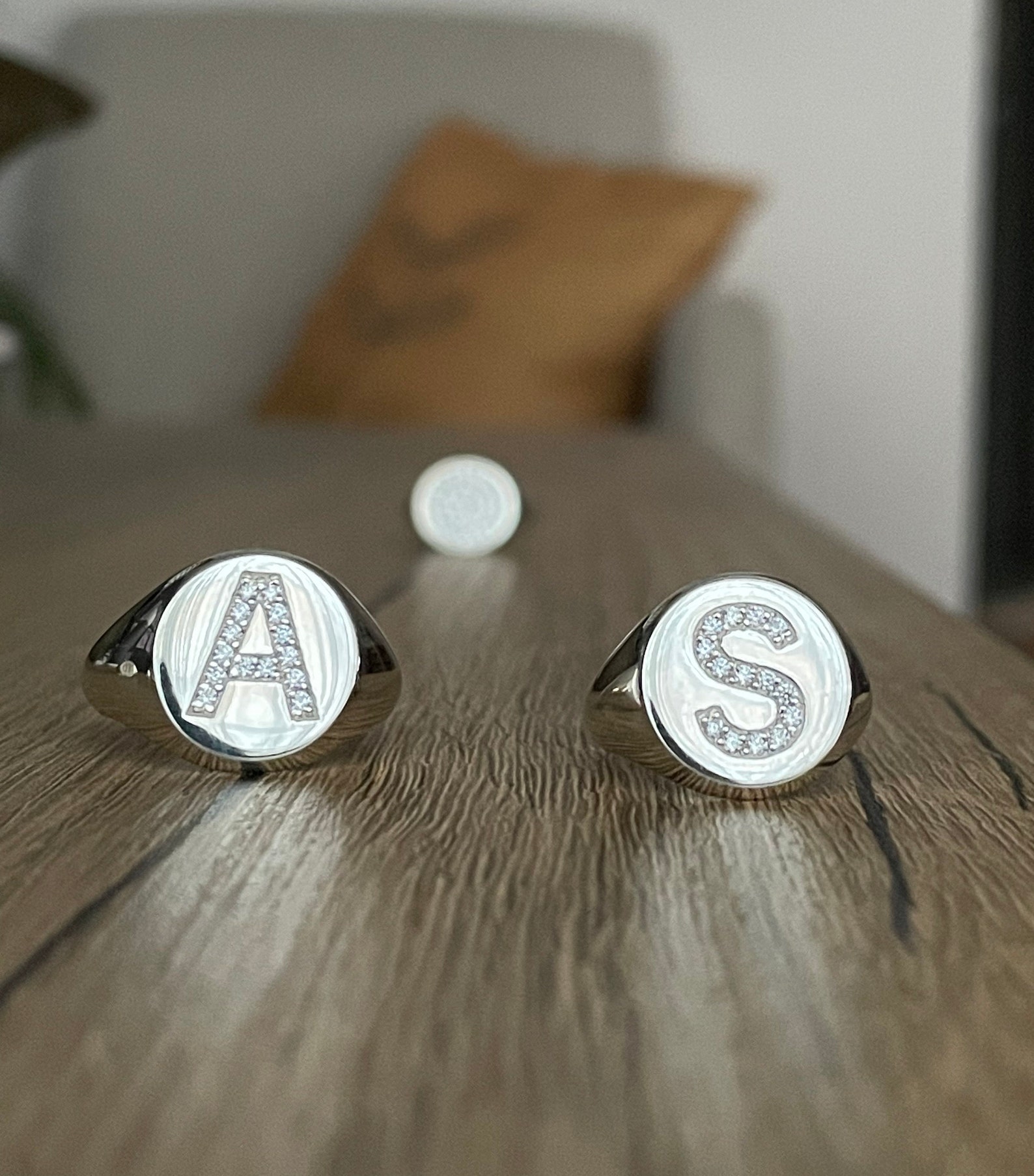 Silver Diamond Initial Signet Ring, Diamond Initial Ring, Diamond ...