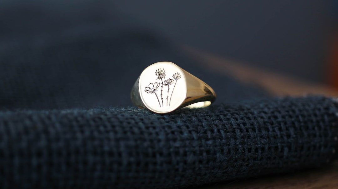 Gold Wildflower Signet Ring, Gold Flower Ring, Wildflower Signet Ring ...