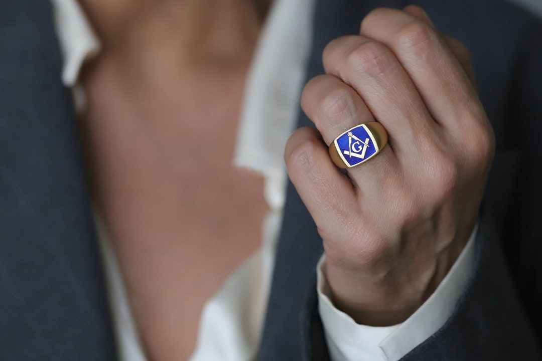 Gold Blue Enamel Masonic Signet Ring, Masonic Ring, Freemason Ring ...