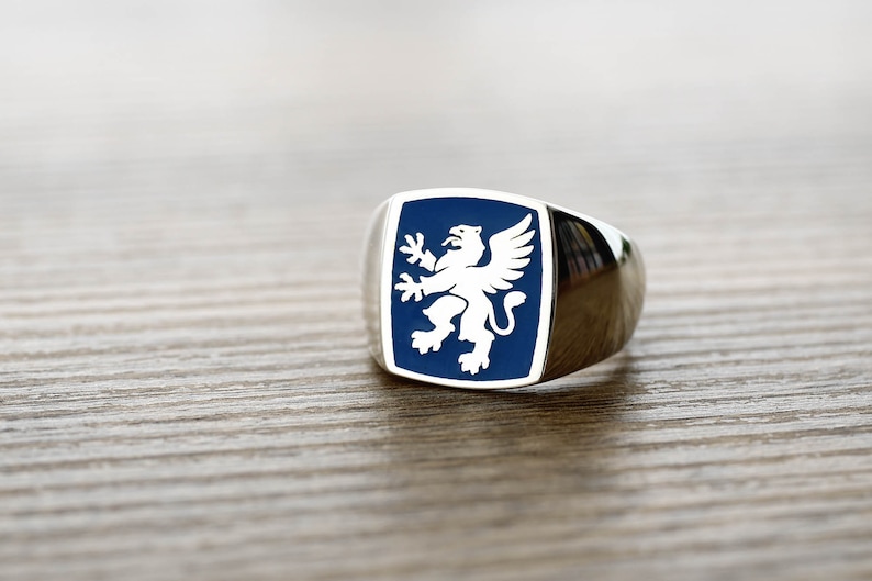 Blue Enamel Griffin Signet Ring, Cushion Signet Ring, Silver Signet ...