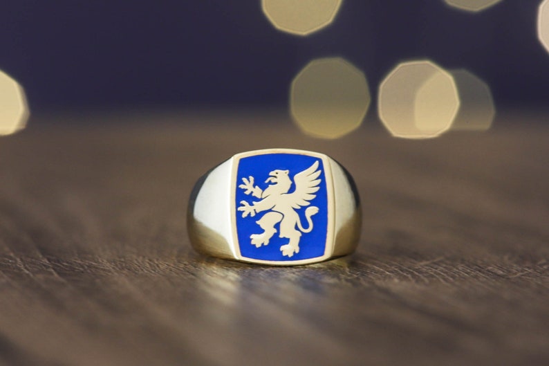 Blue Enamel Gold Griffin Signet Ring, Cushion Signet Ring, Gold Signet ...