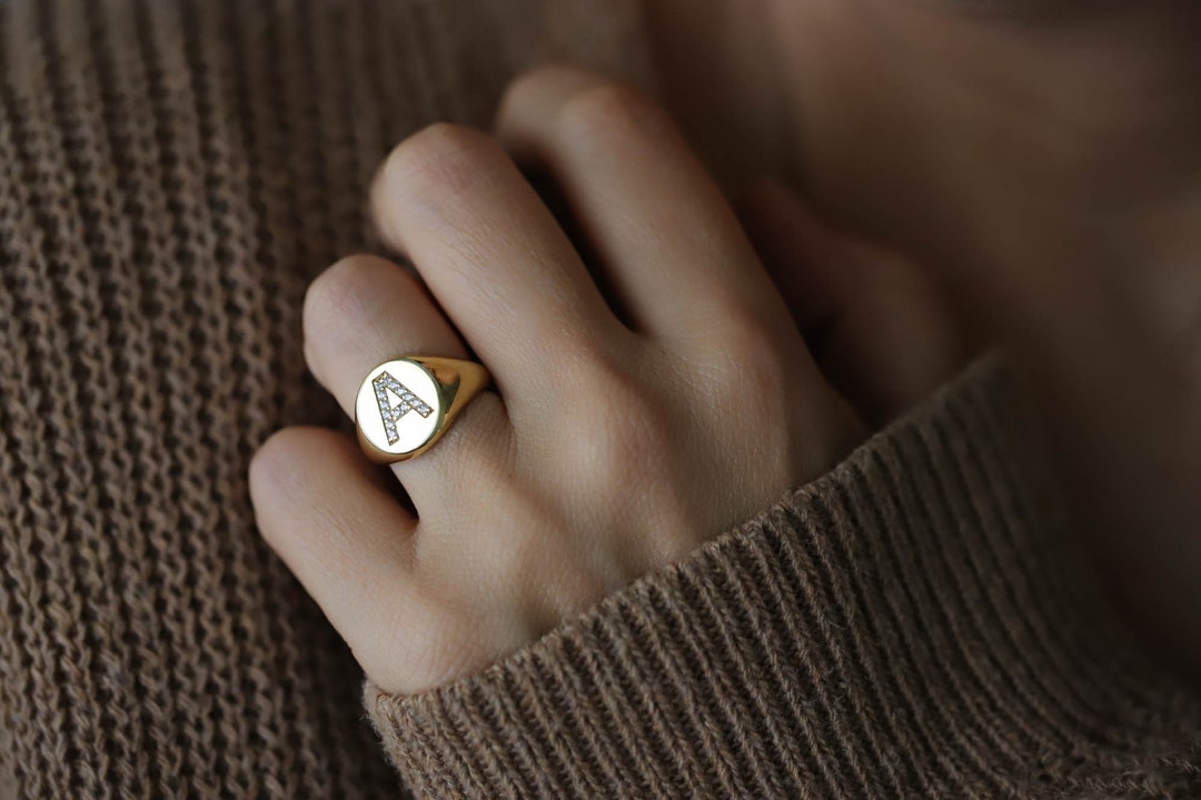 Gold Diamond Initial Signet Ring, Gold Initial Ring, Initial Ring, Gold Letter Ring ...
