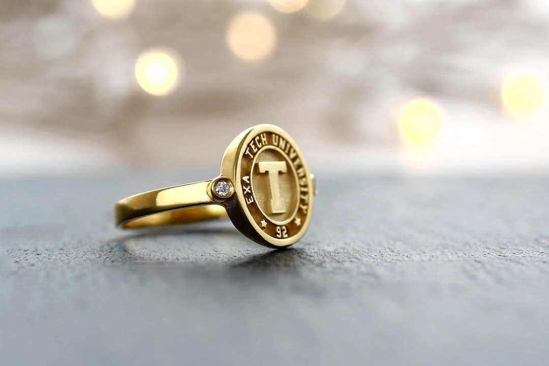 Gold College Graduation Ring With Diamonds, Gold College Ring, Gold ...