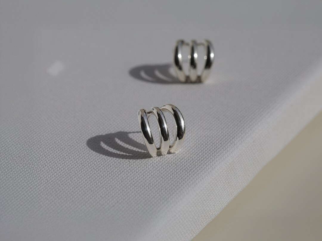 Silver Triple Hoops, Dainty Triple Loop Earrings, Silver Layered Hoop ...