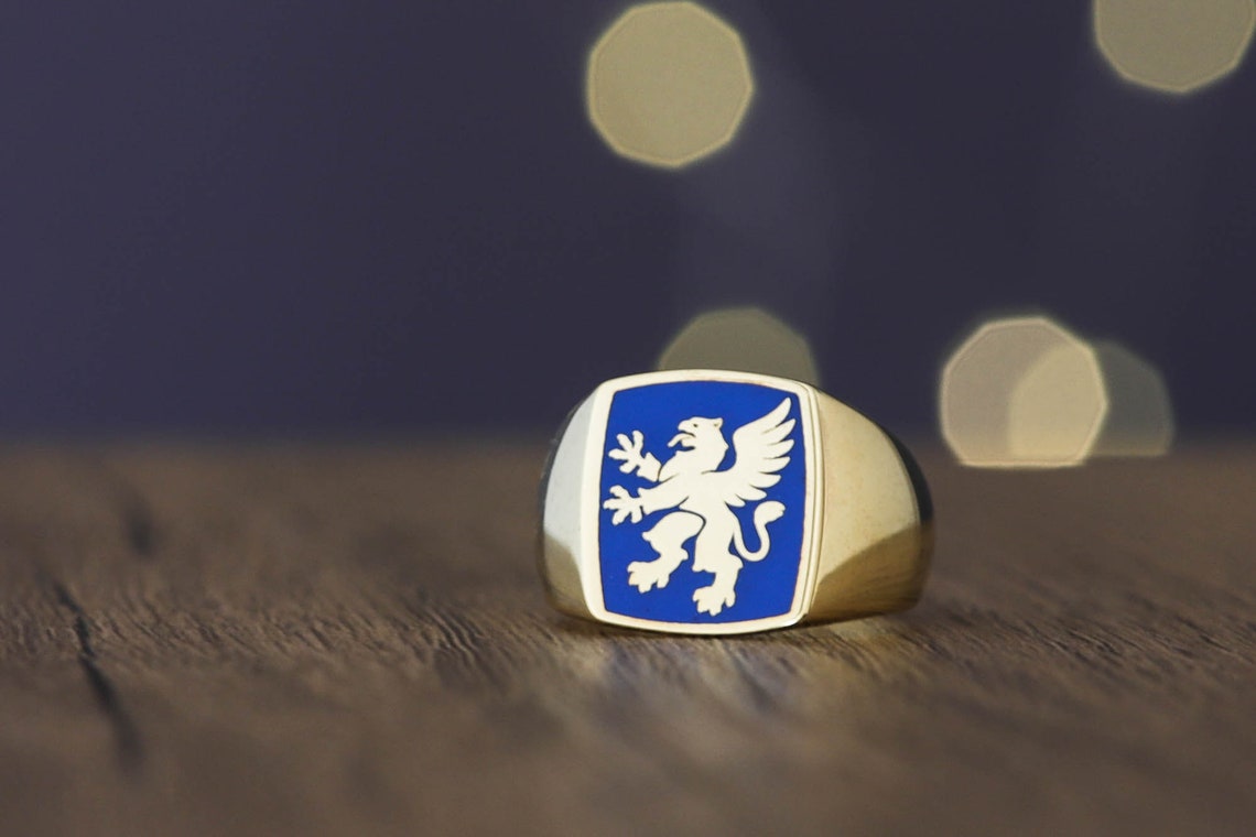 Blue Enamel Gold Griffin Signet Ring Cushion Signet Ring - Etsy