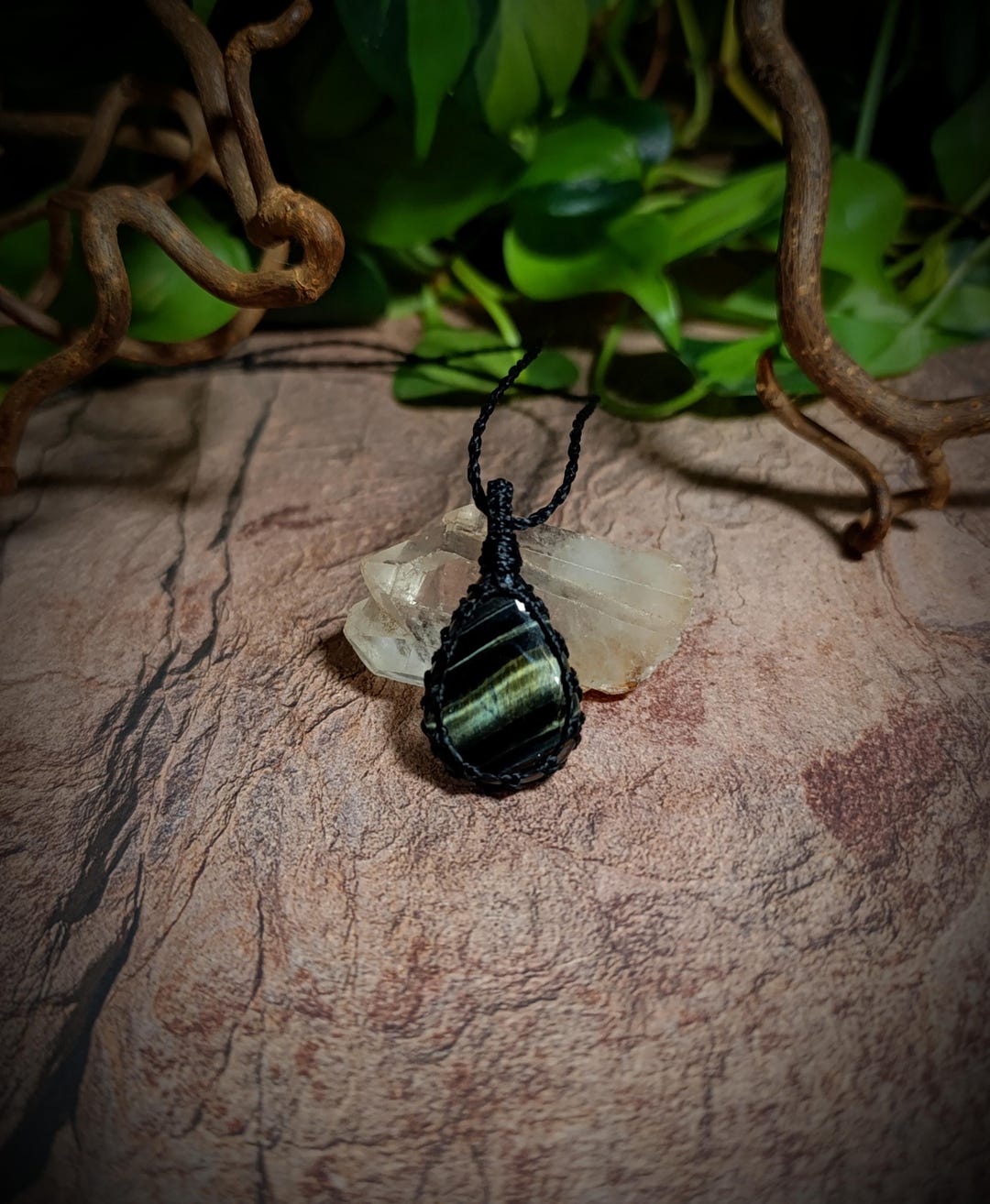 Hawk Eye / Blue Tiger Eye Macrame Necklace / Pendant Ethnic Jewelry ...