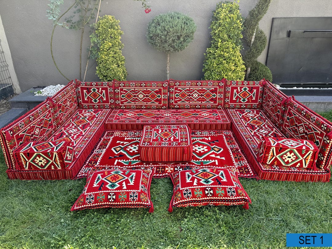 Arabic Lounge Sofa, Geometric Pattern Sofa Set, Kilim Pouf, Handmade ...