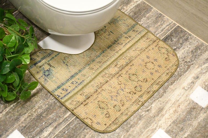 Green Beige Toilet Mat 22x21 Inches, Antique Handmade Rug Bathroom Mat ...