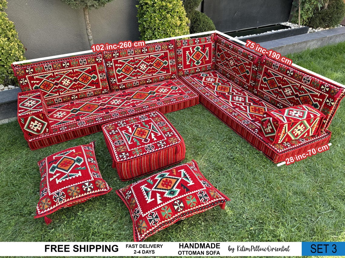 Arabic Lounge Sofa, Geometric Pattern Sofa Set, Kilim Pouf, Handmade ...