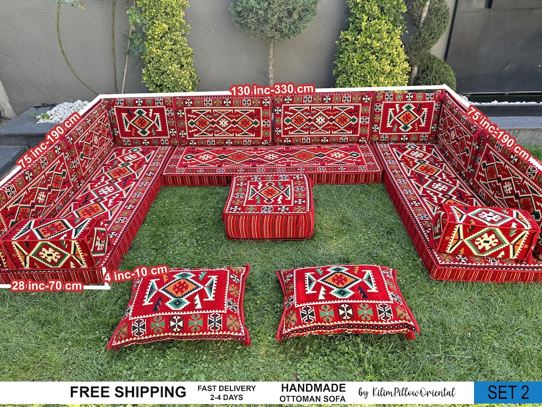 Arabic Lounge Sofa, Geometric Pattern Sofa Set, Kilim Pouf, Handmade ...