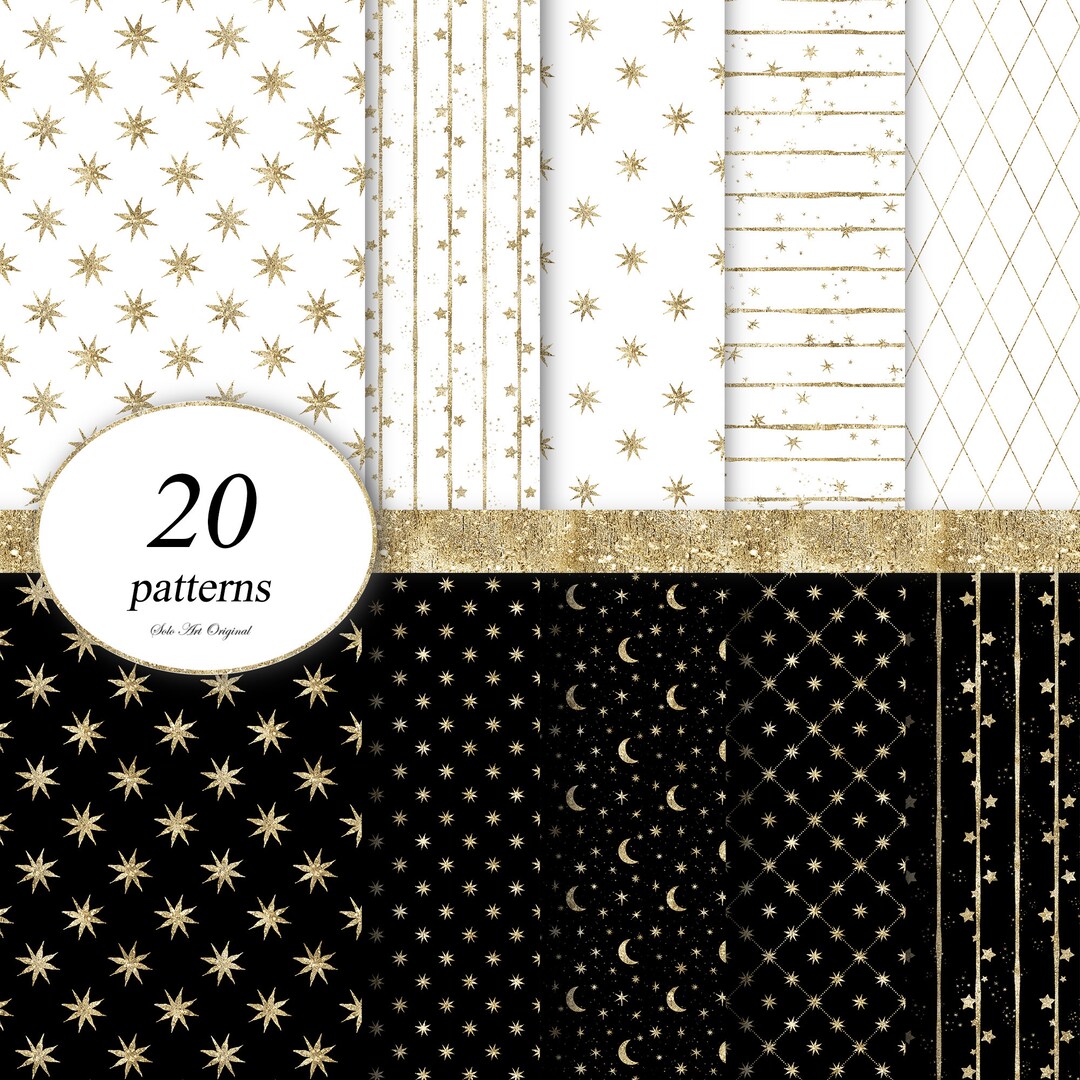 Gold Stars Digital Paper Black White Background Celestial Constellation ...
