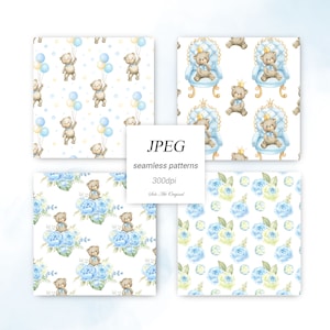 Teddy Bear Baby Boy Digital Paper Baby Shower Seamless Patterns Сute ...