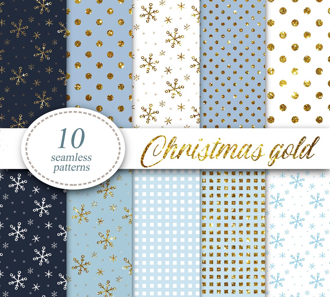 Christmas Digital Paper Backdrop Gold Snowflakes Seamless Patterns ...
