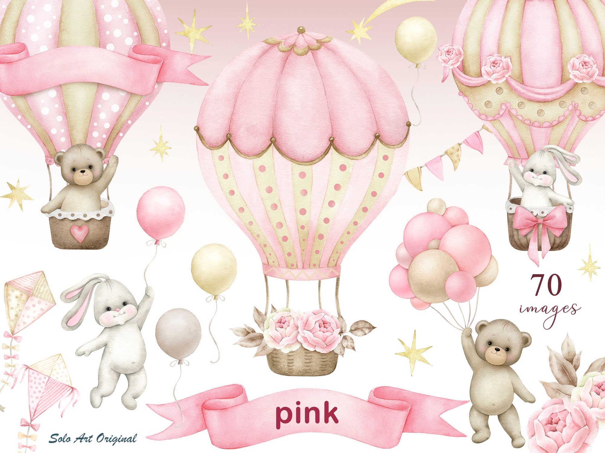 Pink Floral Baby Shower Clipart, Teddy Bear, Bunny (PNG Digital ...