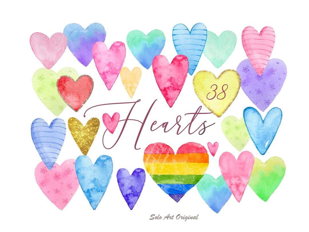Rainbow Hearts Clipart Valentine's Day Love Hearts Set Watercolor Hand ...