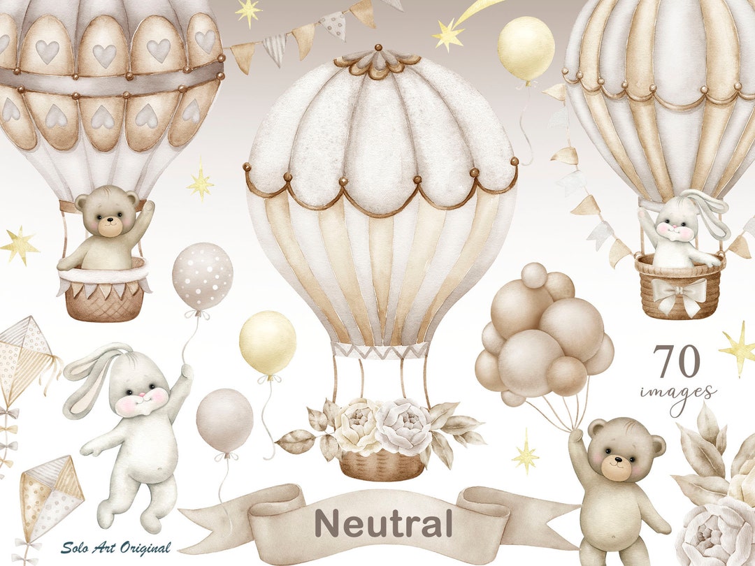 Teddy Bear Neutral Gender Hot Air Balloons,baby Shower, Baby Bunny ...