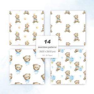 Teddy Bear Baby Boy Digital Paper Baby Shower Seamless Patterns Сute ...