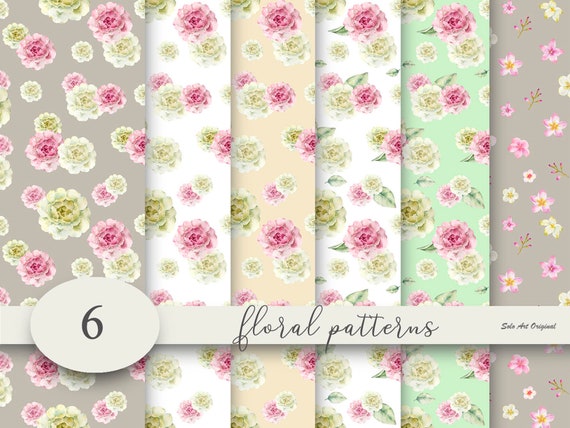 Floral Flowers Digital Paper Seamless Patterns Pink Roses Pack | Etsy