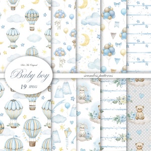 Baby Boy Teddy Bear Digital Paper Seamless Patterns,hot Air Balloons ...