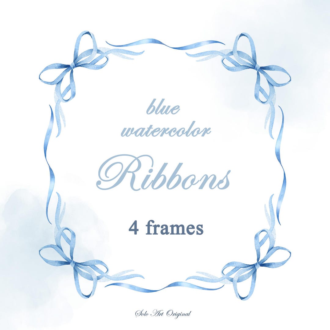 Watercolor Blue Bows Ribbons Frame Border Baby Shower Holiday Digital ...