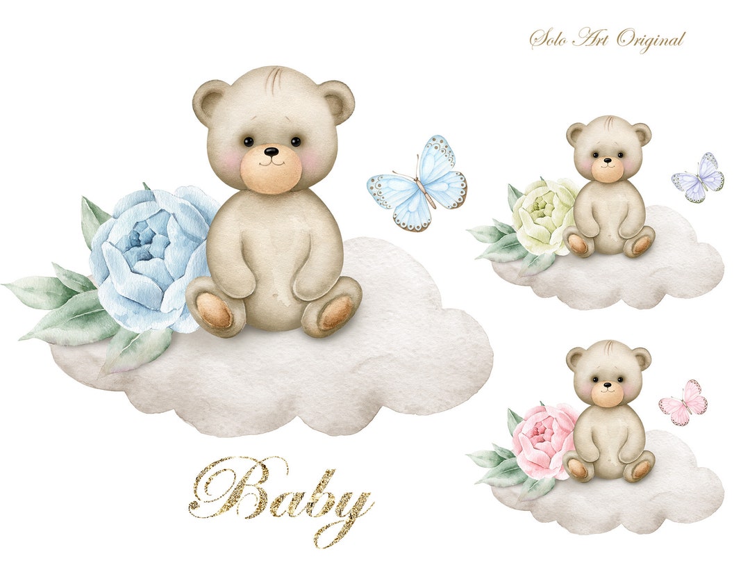 Watercolor Teddy Bear Clipart, Baby Shower Floral Clouds (digital ...