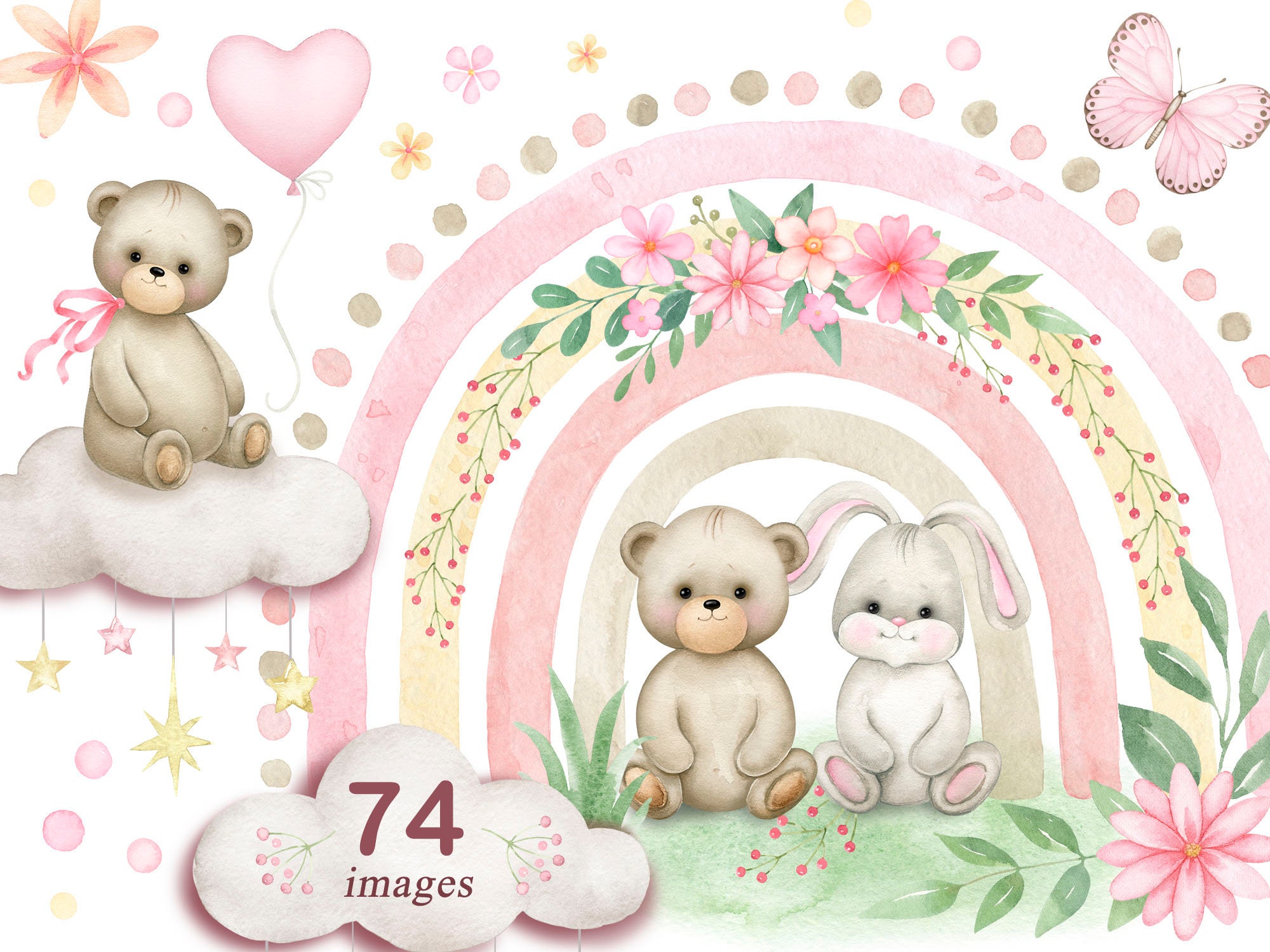 Teddy Bear Baby Girl Shower Bunny Rainbow Pink Floral Clipart Baby ...
