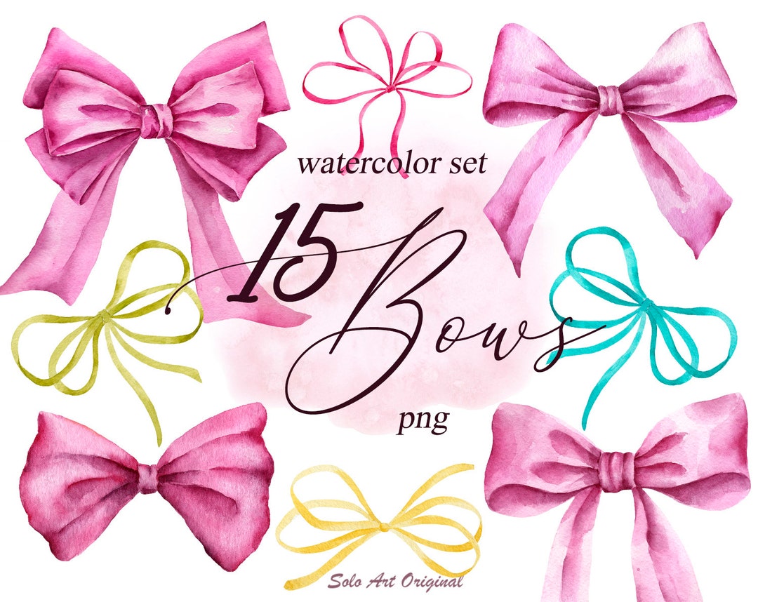 Bow Clipart Set Watercolor Individual Elements PNG Pink Gold Blue Bows ...